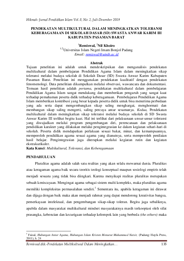 (PDF) Pendekatan Multikultural Dalam Meningkatkan Toleransi Keberagamaan DI Sekolah Dasar (SD ...