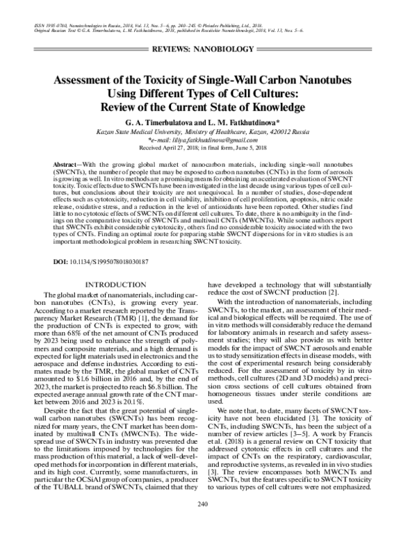 (PDF) Assessment of the Toxicity of Single-Wall Carbon Nanotubes Using Different Types of Cell ...