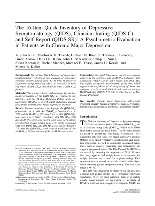 (PDF) The 16-Item quick inventory of depressive symptomatology (QIDS ...