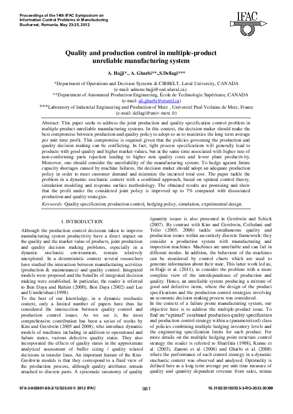 Pdf Joint Production And Quality Control Strategies