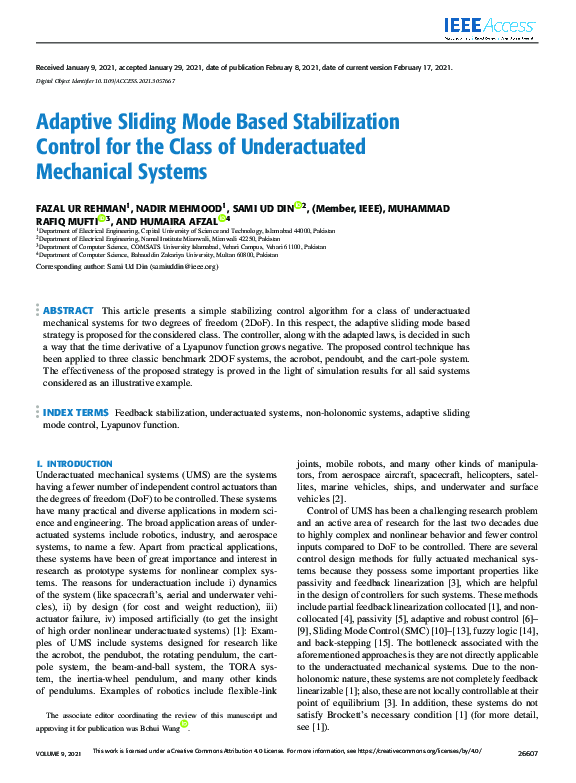 (PDF) Adaptive Sliding Mode Based Stabilization Control for the Class of Underactuated ...