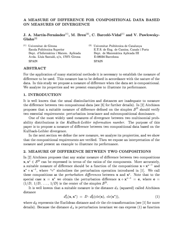 (PDF) A measure of difference for compositional data based on measures of divergence | Vera ...