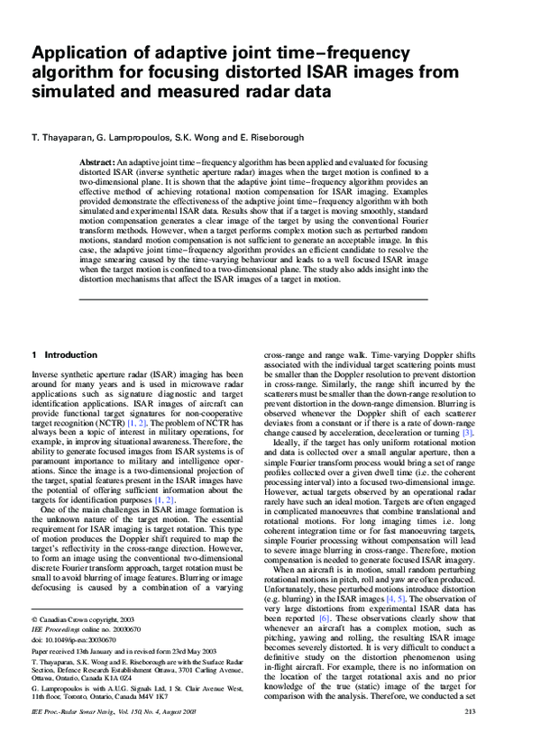 (PDF) Application of adaptive joint time–frequency algorithm for focusing distorted ISAR images ...