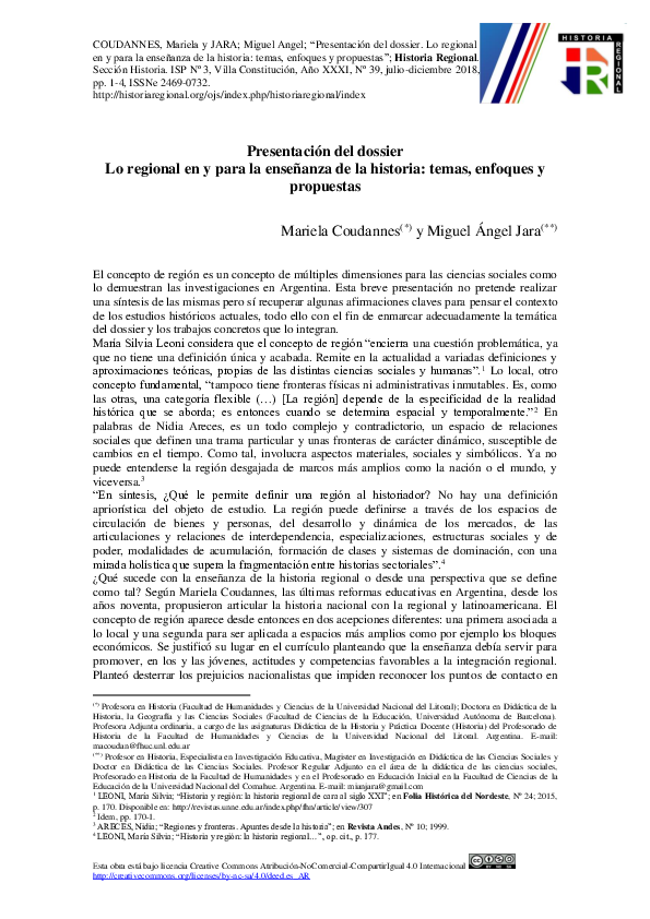 Presentación del dossier: Lo regional en y para la enseñanza de la historia: temas, enfoques y ...