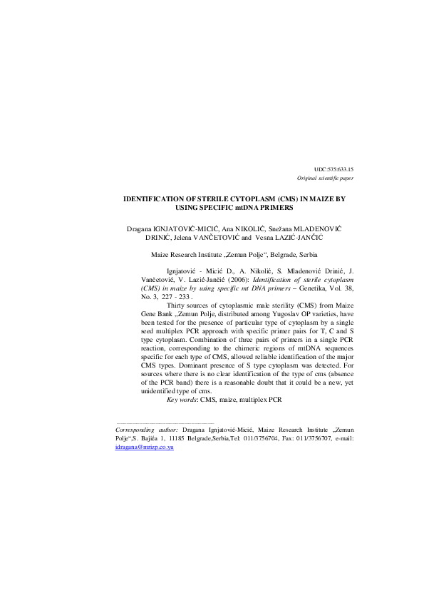 (PDF) UDC:575:633.15 Original scientific paper IDENTIFICATION OF STERILE CYTOPLASM (CMS) IN ...