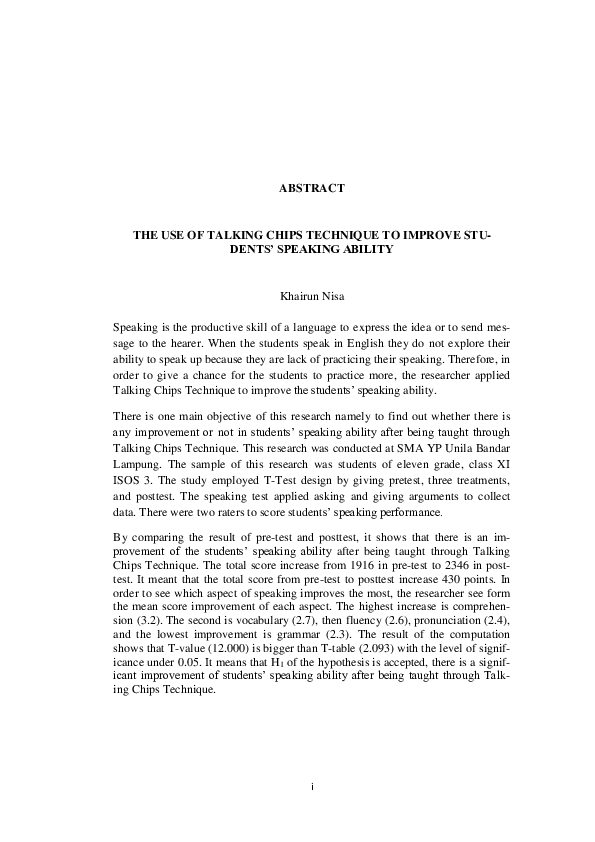 (PDF) The Use of Talking Chips Technique to Improve Students' Speaking ...
