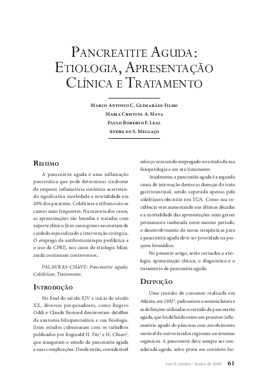 (PDF) Pancreatite aguda: etiologia, apresentação clínica e tratamento