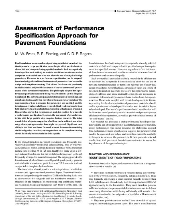 (PDF) Assessment of Performance Specification Approach for Pavement Foundations
