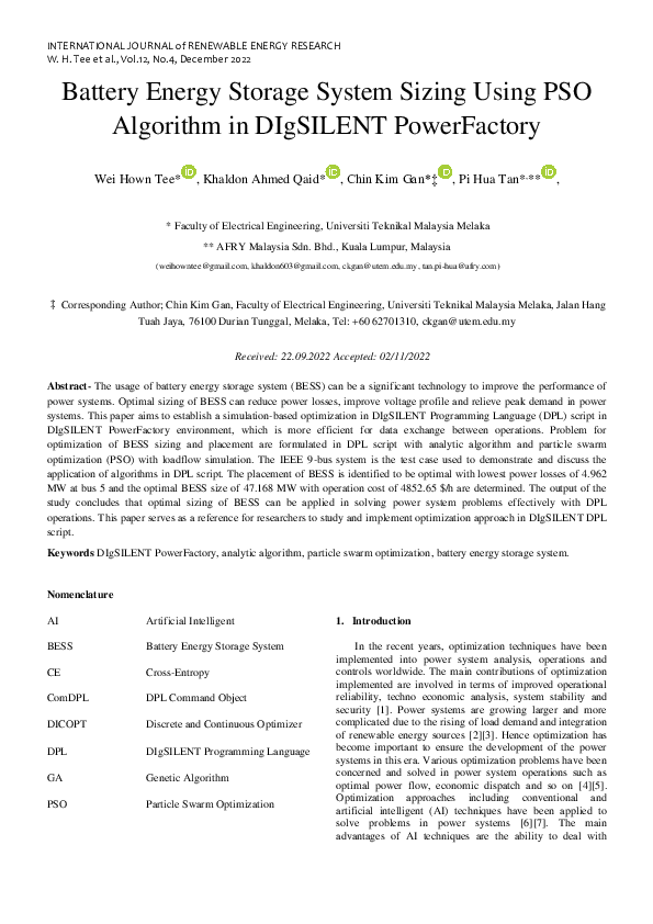 (PDF) Battery Energy Storage System Sizing Using PSO Algorithm in DIgSILENT PowerFactory
