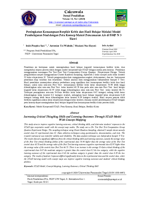 (PDF) Peningkatan Kemampuan Berpikir Kritis Dan Hasil Belajarsiswa Kelas IV Melalui Model ...