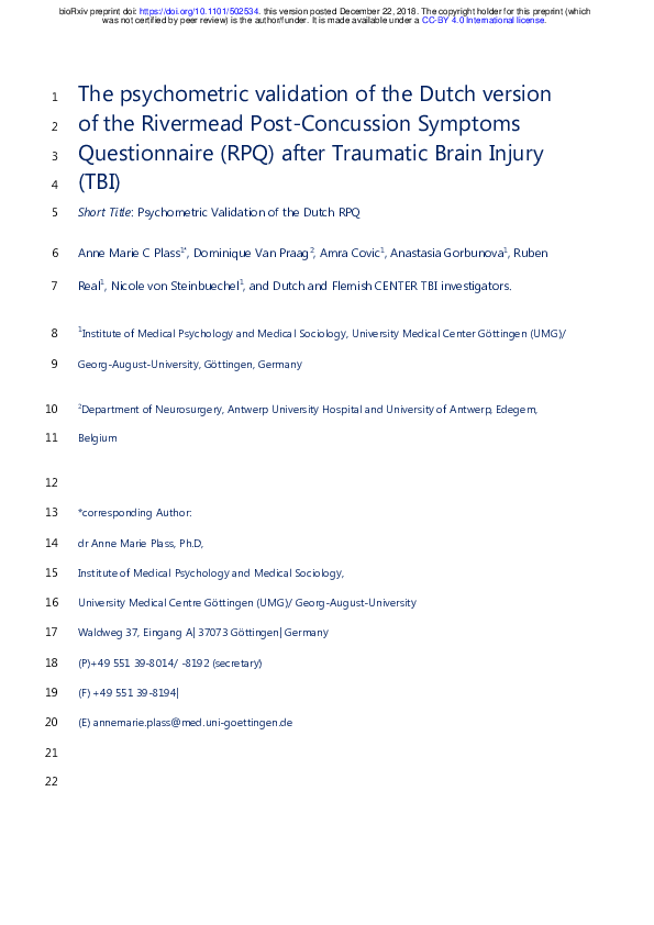(PDF) The psychometric validation of the Dutch version of the Rivermead ...