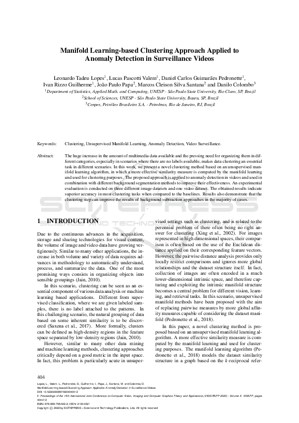 (PDF) Manifold Learning-based Clustering Approach Applied to Anomaly Detection in Surveillance ...