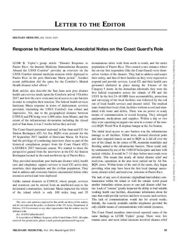 (PDF) Response to Hurricane Maria, Anecdotal Notes on the Coast Guard’s ...