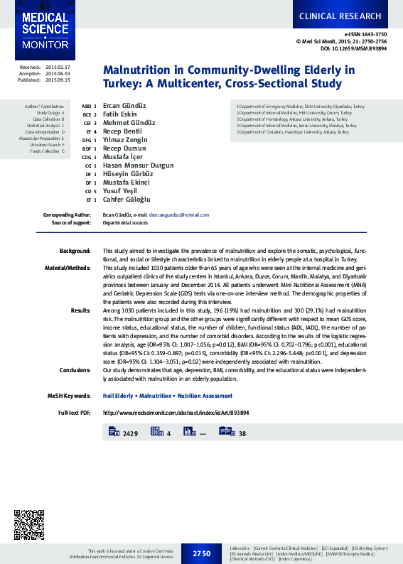 (PDF) Malnutrition in Community-Dwelling Elderly in Turkey: A ...