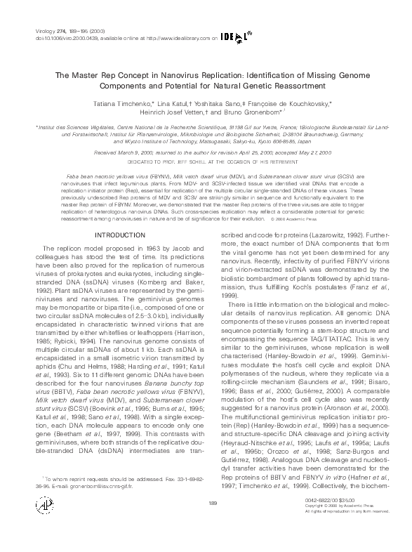 (PDF) The Master Rep Concept in Nanovirus Replication: Identification ...