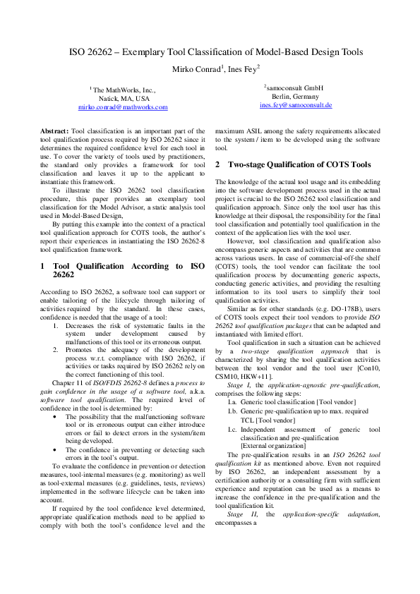 Pdf Iso 26262 Exemplary Tool Classification Of Model Based Design Tools