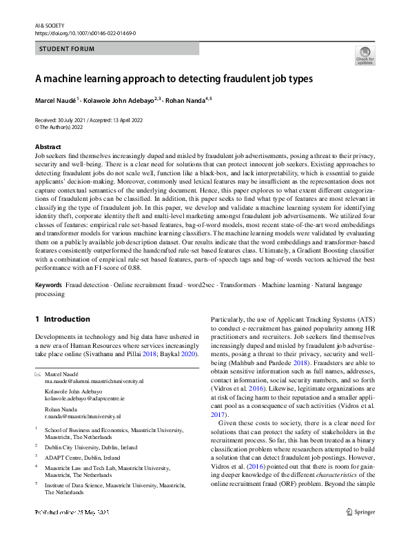 Pdf A Machine Learning Approach To Detecting Fraudulent Job Types