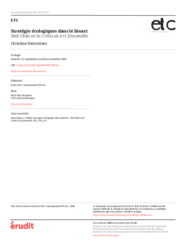 (PDF) Stratégie écologiques dans le bioart : Mel Chin et le Critical ...
