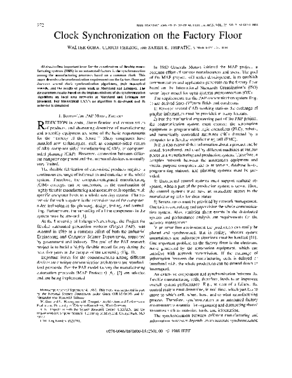 (PDF) Clock synchronization on the factory floor (FMS) | Satish Tripathi and Walter Gora ...