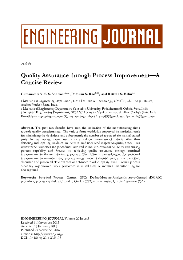 (PDF) Quality Assurance through Process Improvement - A Concise Review