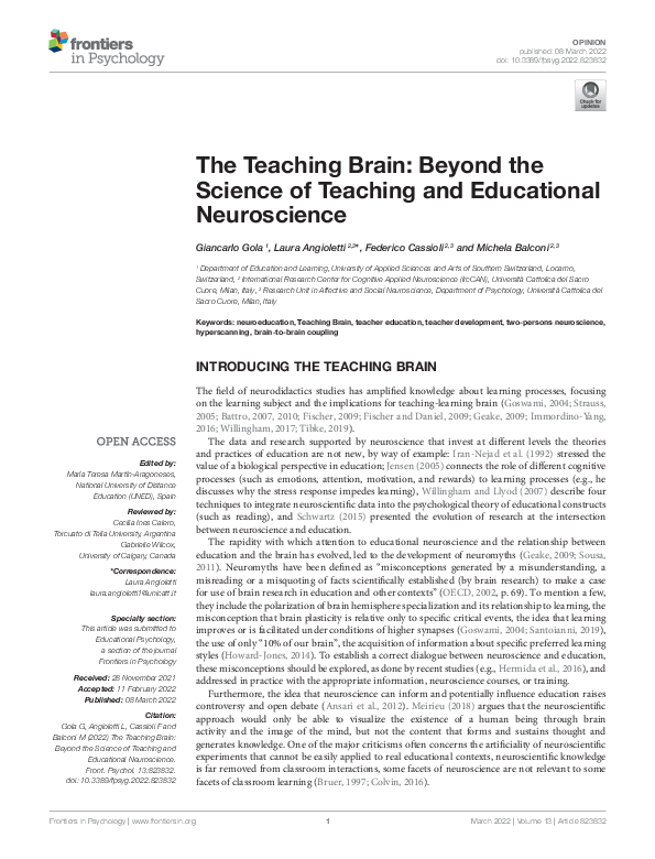 (PDF) The Teaching Brain: Beyond the Science of Teaching and Educational Neuroscience