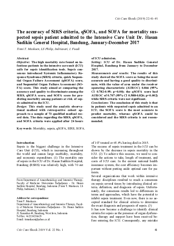 (PDF) The accuracy of SIRS criteria , qSOFA , and SOFA for mortality ...