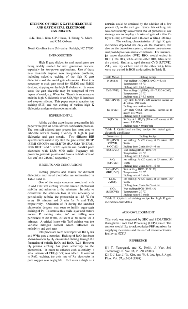 (PDF) Etching of High K Gate Dielectric and Gate Metal Electrode Candidates