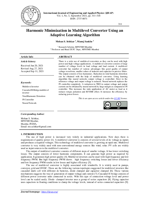 (PDF) Harmonic Minimization in Multilevel Converter Using an Adaptive Learning Algorithm
