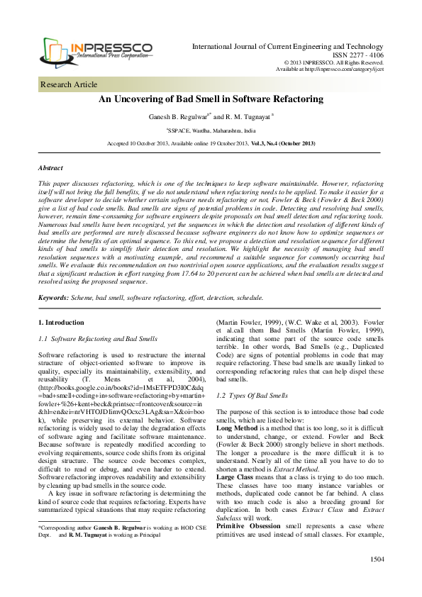 (PDF) Detection of Bad Smell Code for Software Refactoring