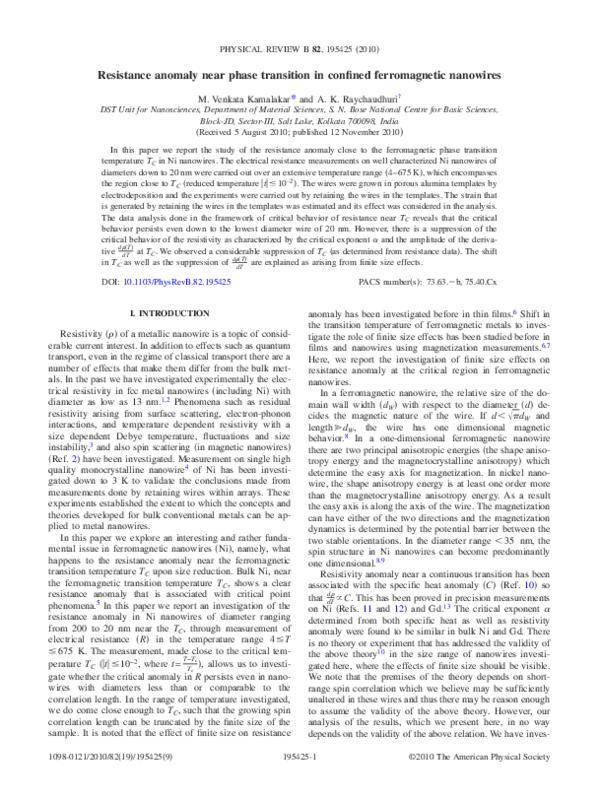 (PDF) Resistance anomaly near phase transition in confined ferromagnetic nanowires | ARUP ...