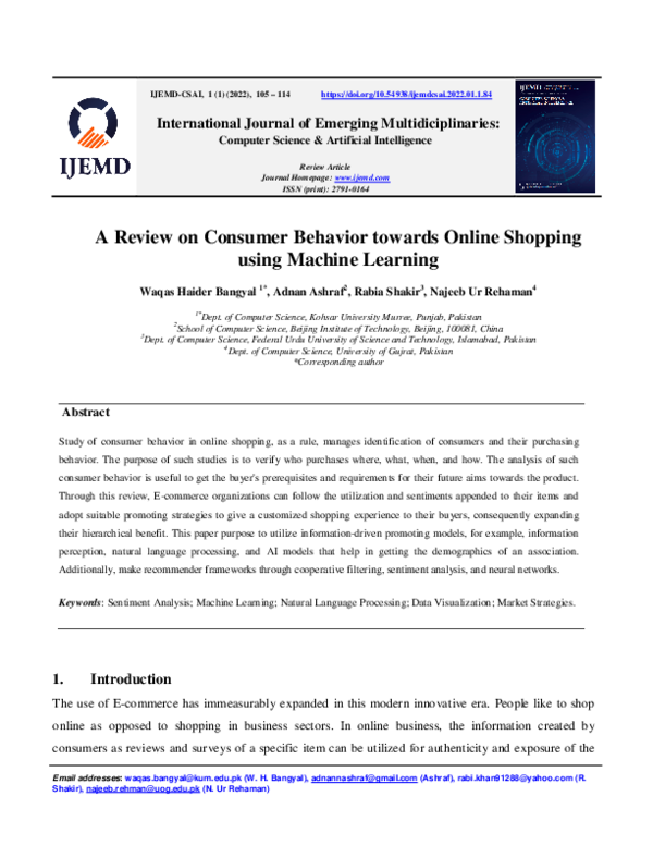 (PDF) A Review on Consumer Behavior Towards Online Shopping using Machine Learning