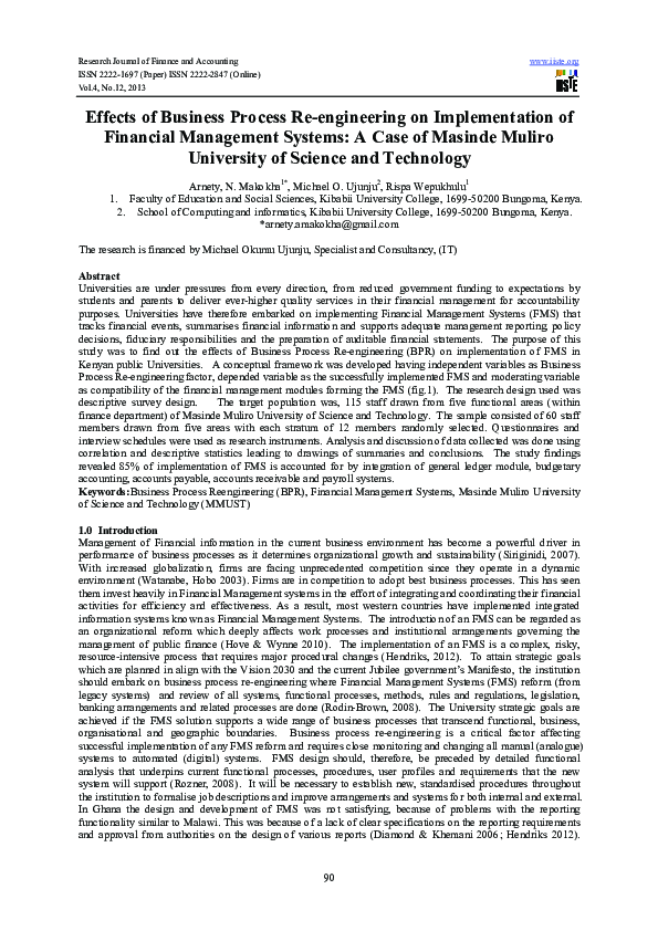 (PDF) Effects of Business Process Re-engineering on Implementation of Financial Management ...