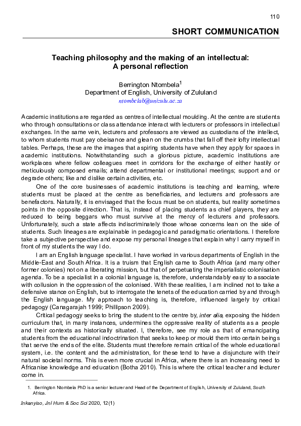 (PDF) Teaching philosophy and the making of an intellectual : a personal reflection - short ...