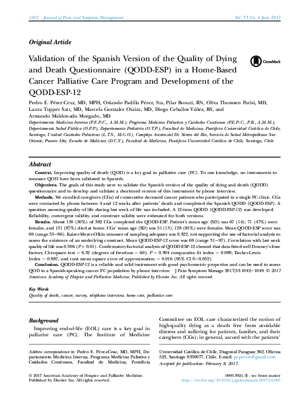 (PDF) Validation of the Spanish Version of the Quality of Dying and ...
