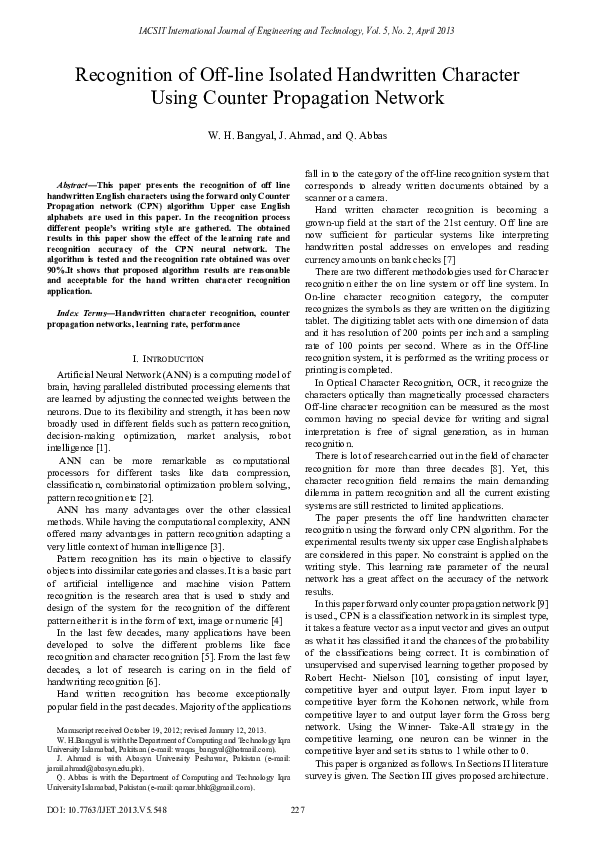 (PDF) Recognition of Off-line Isolated Handwritten Character Using Counter Propagation Network