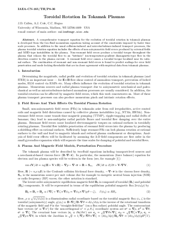(PDF) Toroidal rotation in tokamak plasmas