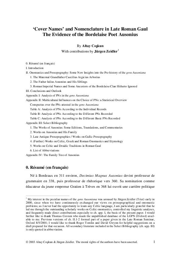 (PDF) ‘ Cover Names ’ and Nomenclature in Late Roman Gaul The Evidence ...