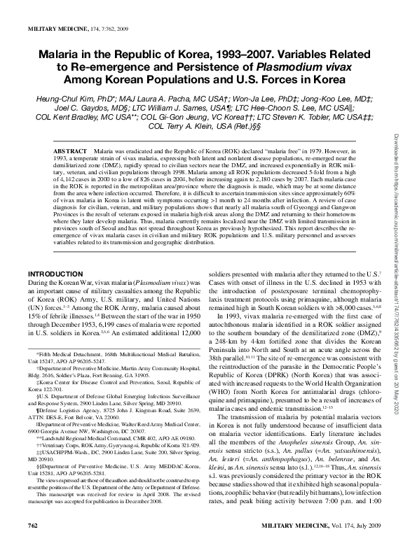 (PDF) Malaria in the Republic of Korea, 1993–2007. Variables Related to ...