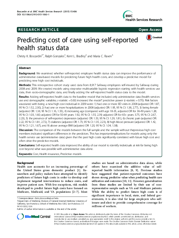 (PDF) Predicting cost of care using self-reported health status data