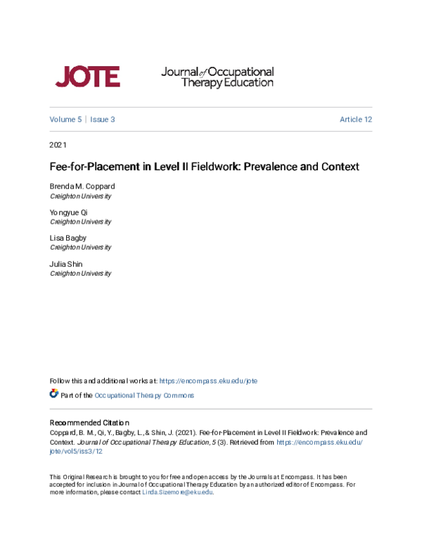 (PDF) Fee-for-Placement in Level II Fieldwork: Prevalence and Context