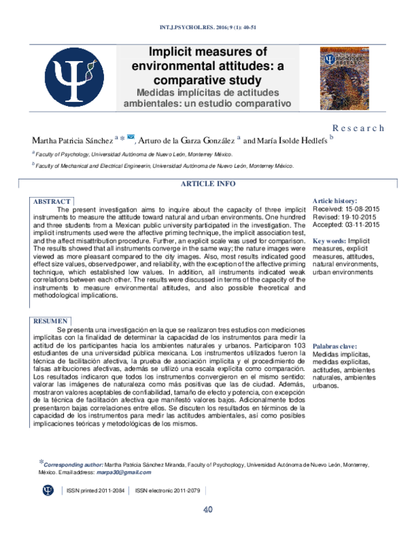 (PDF) Implicit measures of environmental attitudes: a comparative study | Arturo de la Garza ...