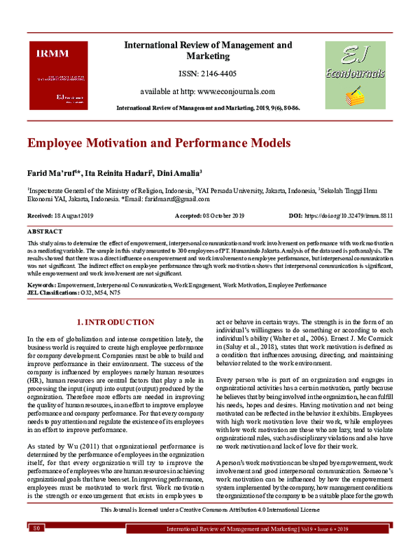 (PDF) Employee Motivation and Performance Models