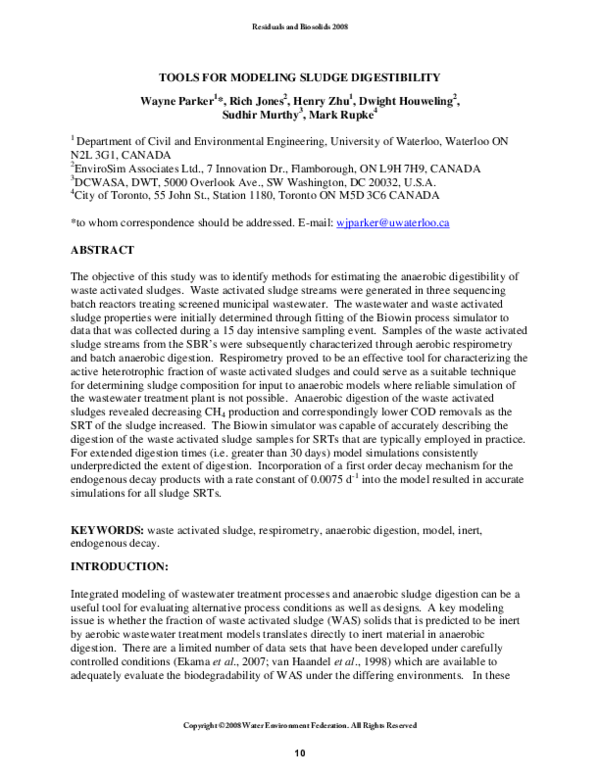 Pdf Tools For Modeling Sludge Digestibility