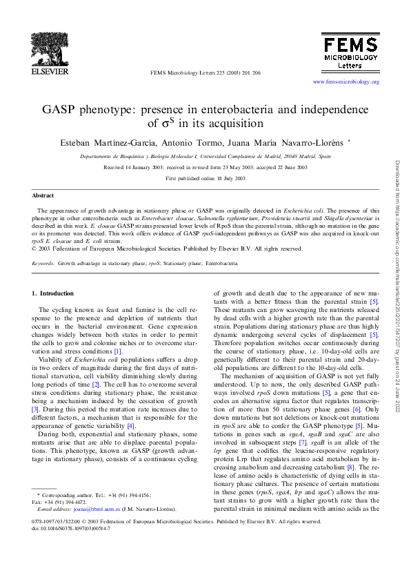 (PDF) GASP phenotype: presence in enterobacteria and independence of Ï Sin its acquisition