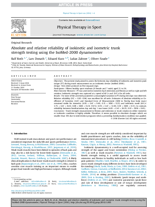 (PDF) Absolute and relative reliability of isokinetic and isometric ...