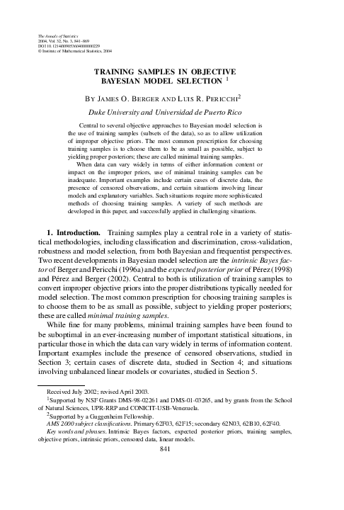 Pdf Training Samples In Objective Bayesian Model Selection 