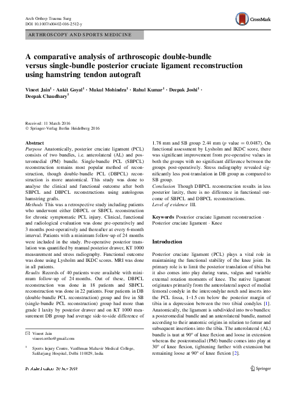 Pdf A Comparative Analysis Of Arthroscopic Double Bundle Versus