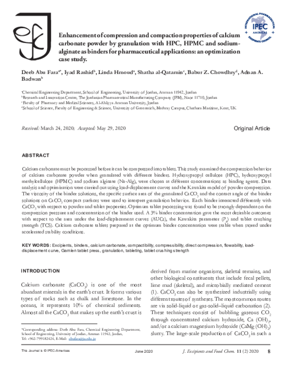 (PDF) Enhancement of compression and compaction properties of calcium carbonate powder by ...
