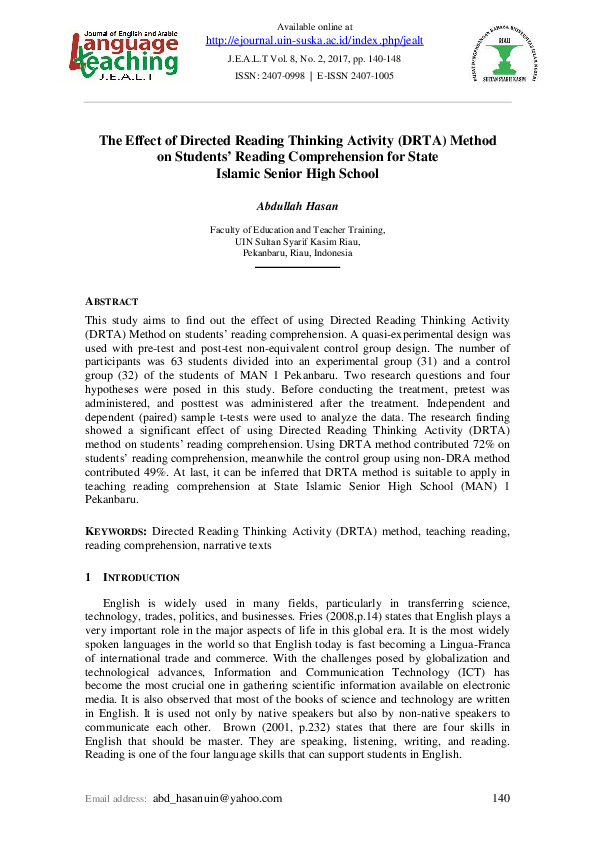 (PDF) The Effect of Directed Reading Thinking Activity (DRTA) Method on Students' Reading ...