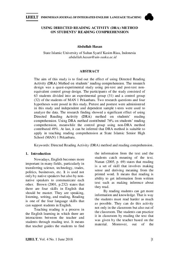 (PDF) Using Directed Reading Activity (Dra) Method on Students’ Reading ...